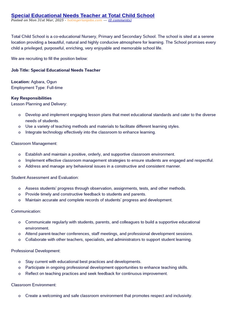 Special Educational Needs Teacher at Total Child School | PDF | Teachers | Classroom Management