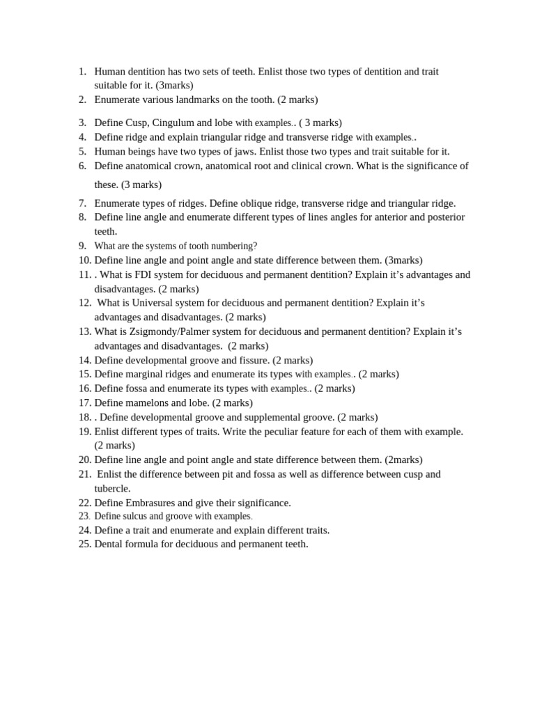 Dental Anatomy Glossary Questions | PDF