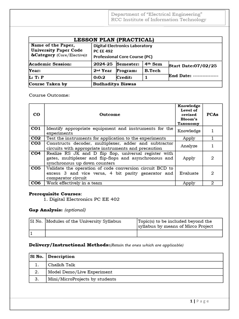Lesson plan_Practical_PC EE 492_2025 | PDF | Digital Electronics ...