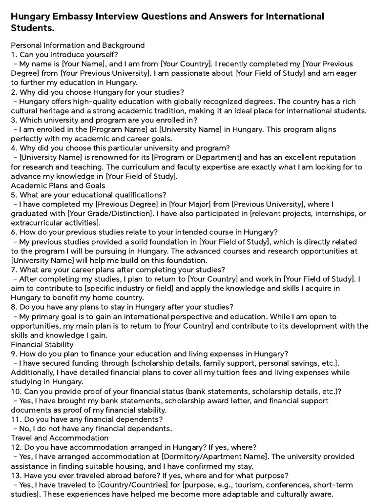 Hungary Embassy Interview Questions and Answers For International ...
