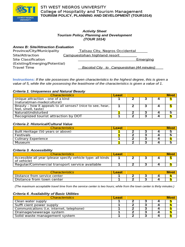TOUR 1014 Annex B Site Attraction Evaluation Assignment | PDF | Tourism