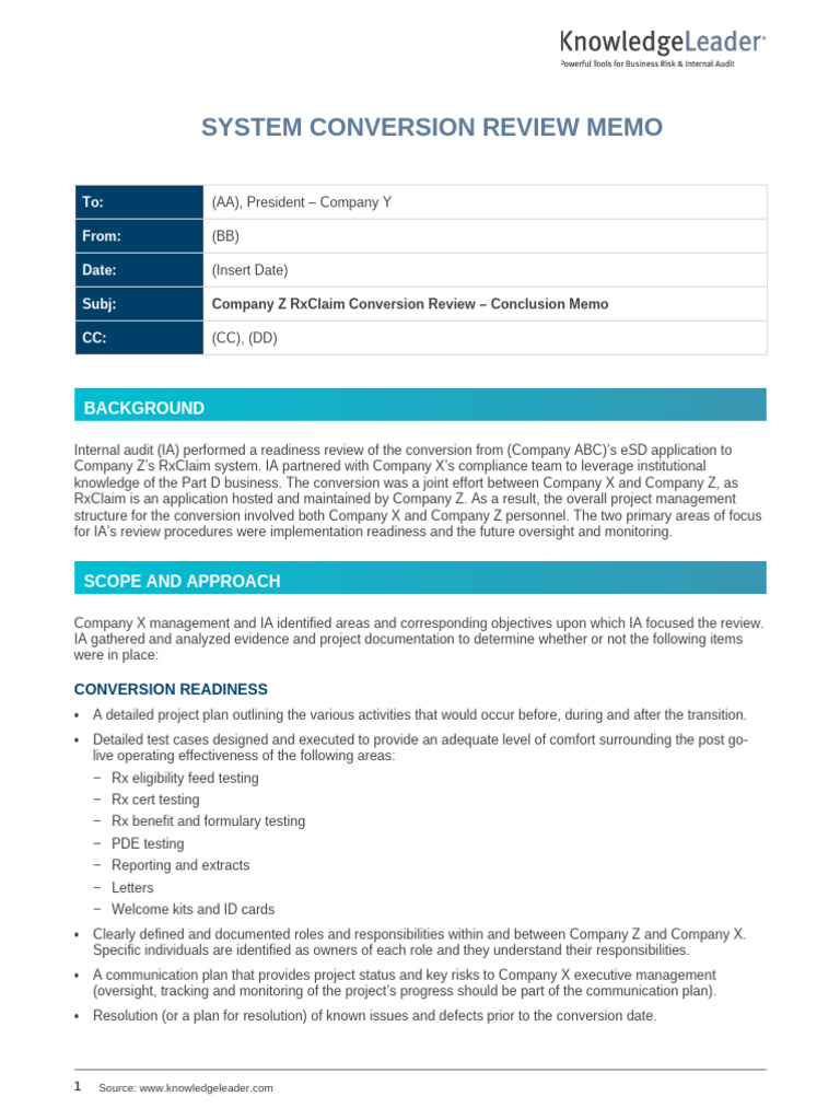 System Conversion Review Memo | PDF | Internal Audit | Audit