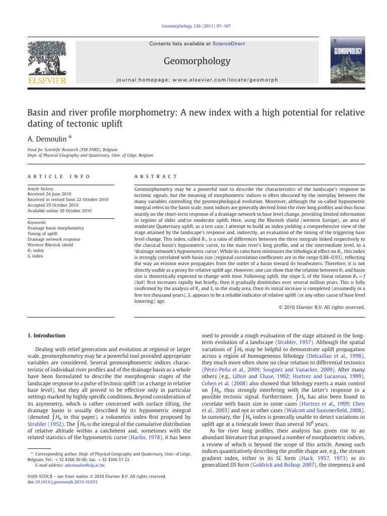Demoulin - 2011 - Basin and River Profile Morphometry A New Index With ...