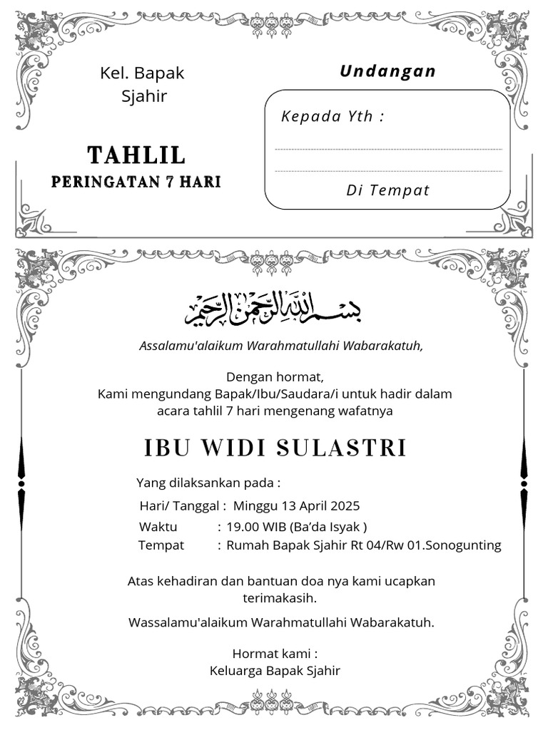 Hitam Putih Ornamen Tepi Undangan Tahlilan Peringatan 7 Hari Dokumen A4 ...