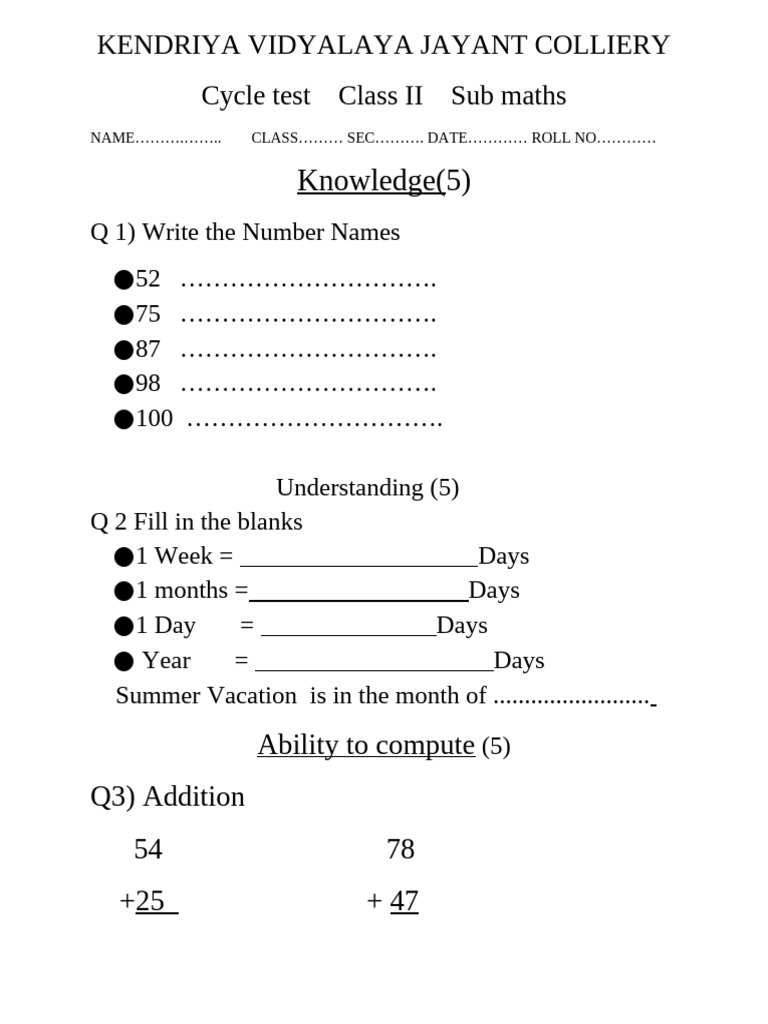 Class 2 Maths Cycle Test Paper | PDF