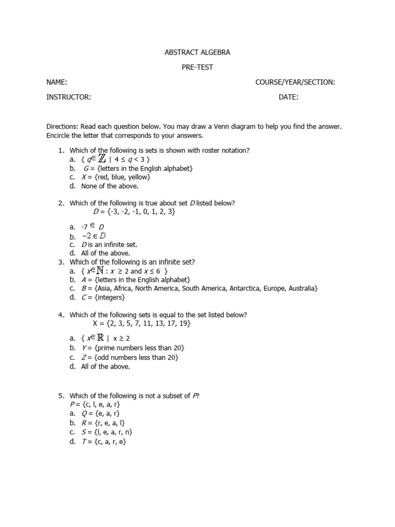 Pretest in Abstract Algebra | PDF | Mathematics | Algebra
