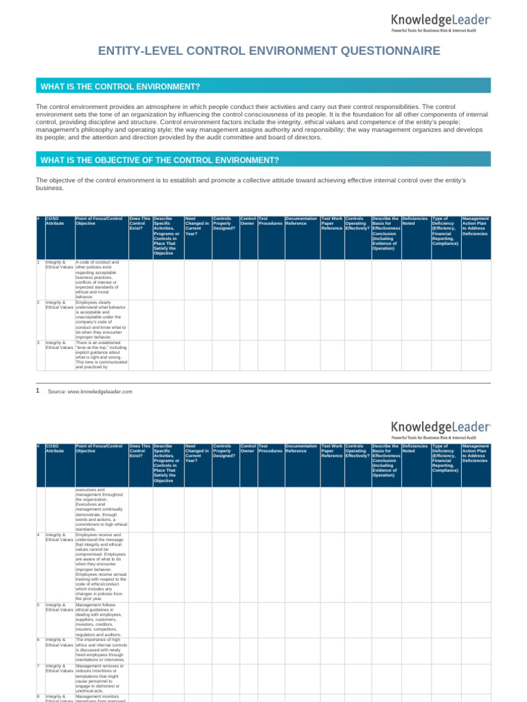 Entity-Level Control Environment Questionnaire | PDF | Audit | Internal Control