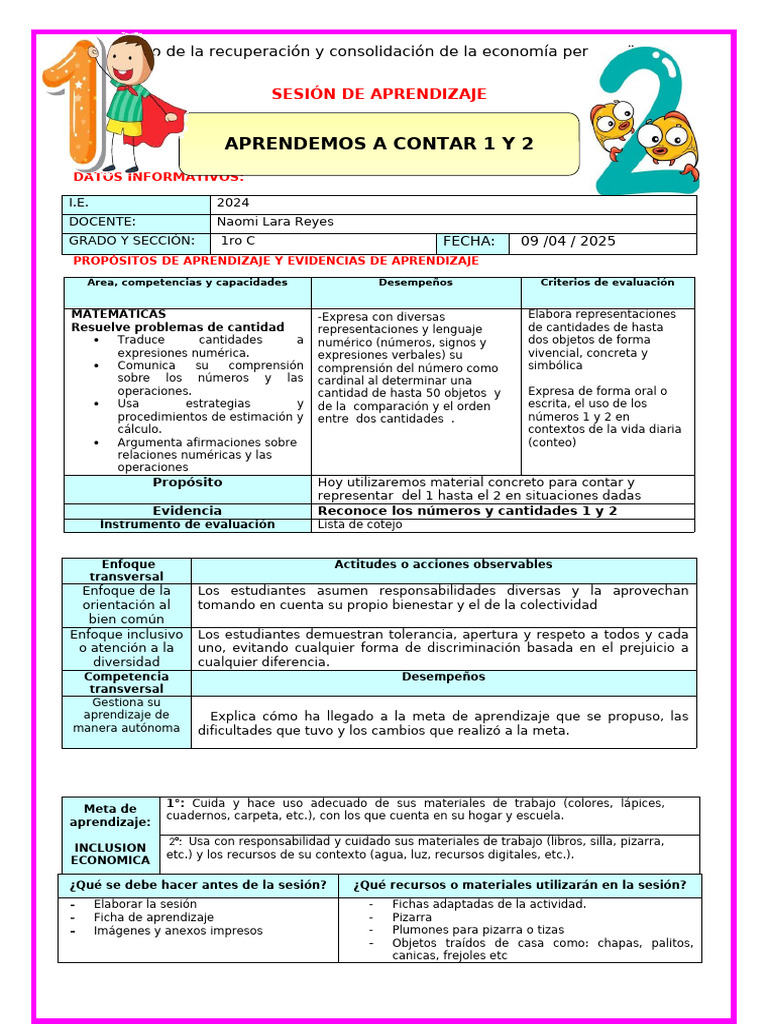 1º Adicional Sesion Mat Aprendemos a Contar 1 y 2 | PDF | Aprendizaje