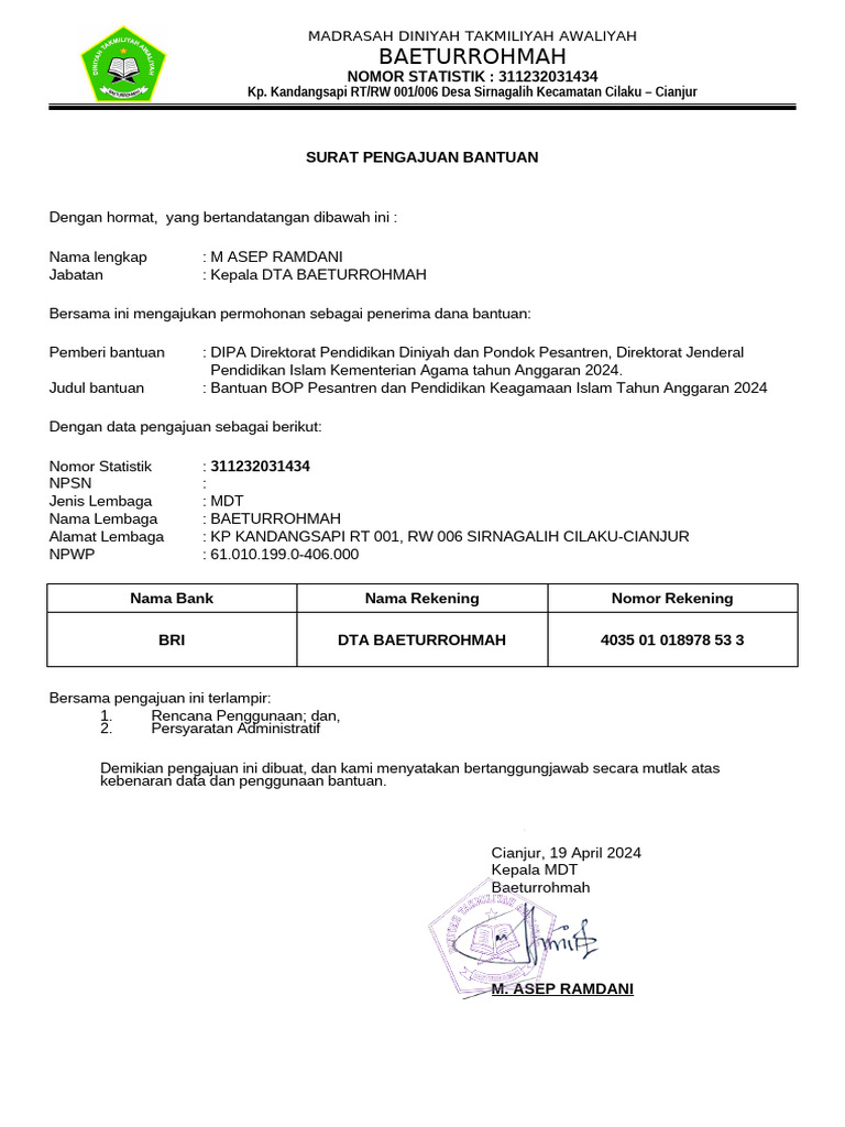 Surat Pengajuan Bop | PDF