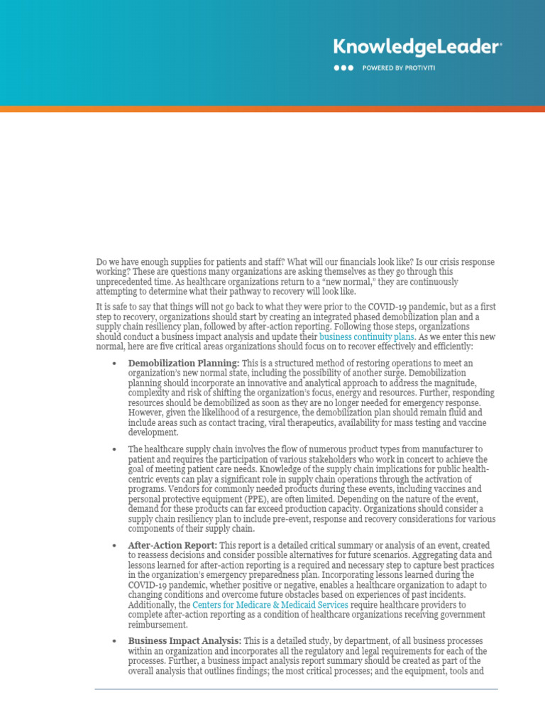 A Recovery Pathway For Healthcare Organizations | PDF | Business
