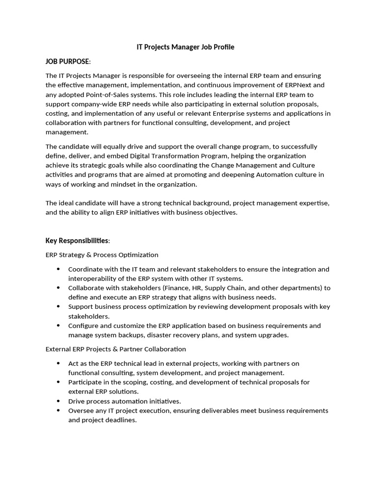 ERP Projects Manager Job Overview | PDF | Enterprise Resource Planning ...