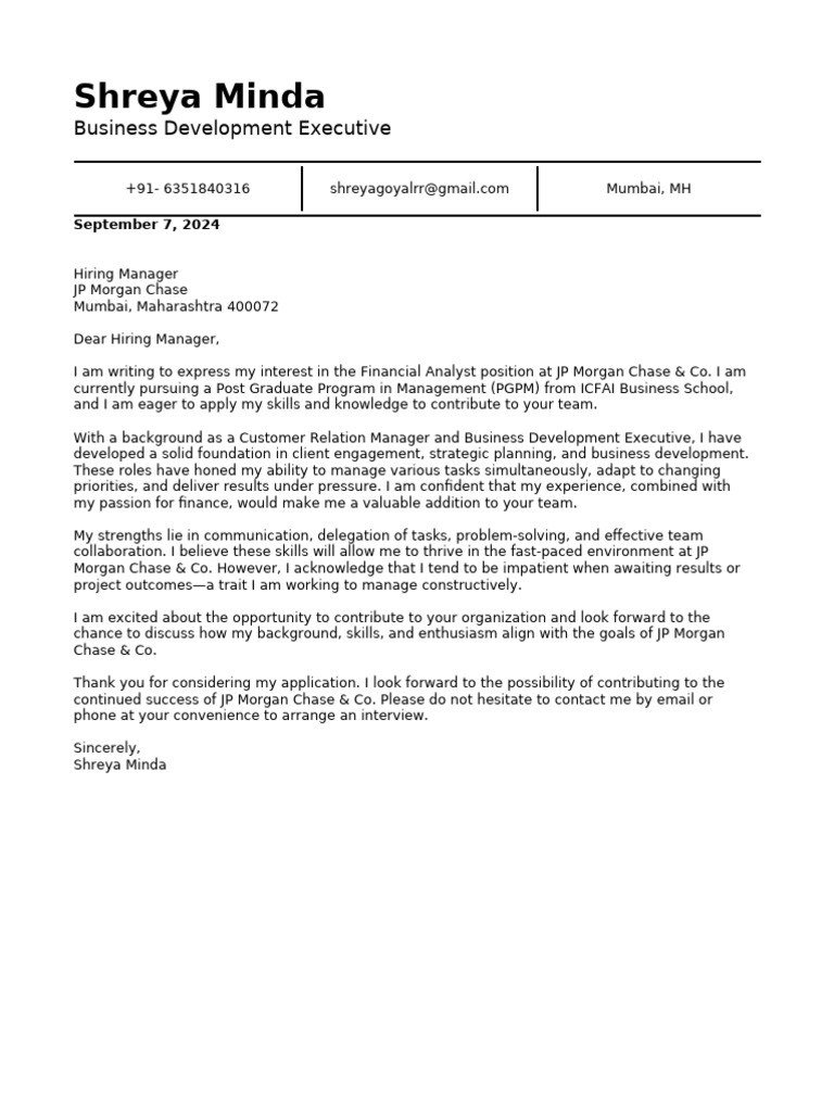 JP Morgan Chase Cover Letter | PDF