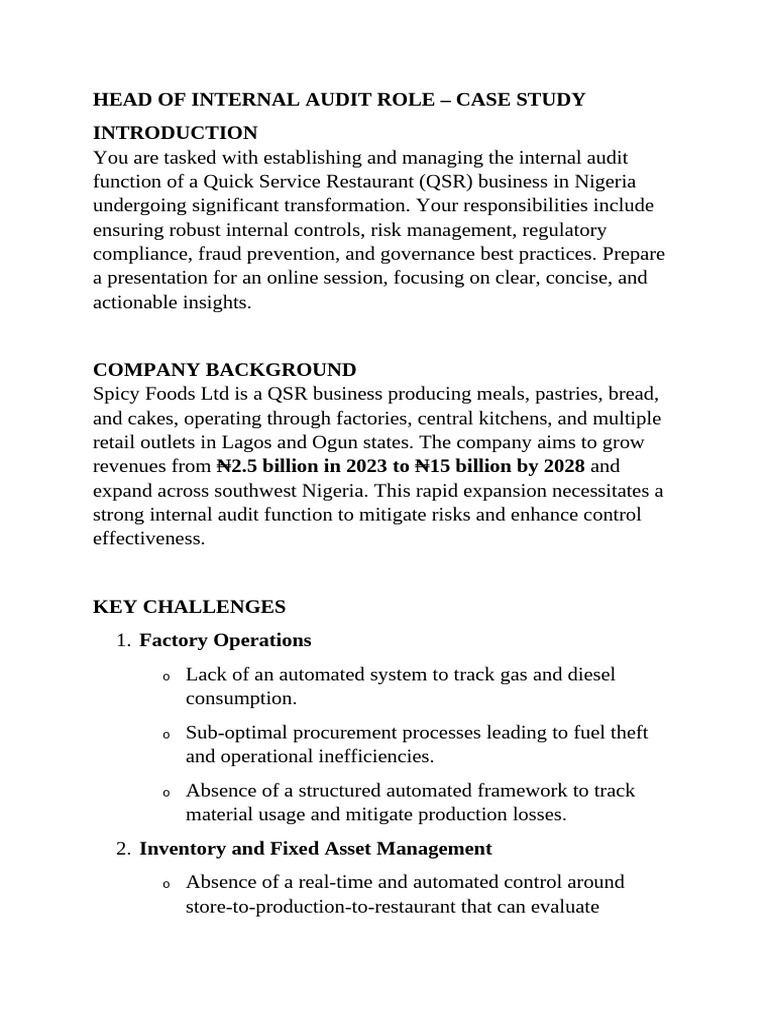 Internal Audit Lead Case Study | PDF | Internal Control | Internal Audit
