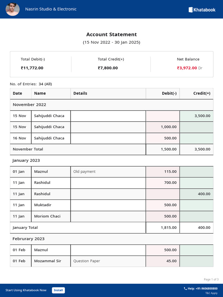 Khatabook-Book-Transactions-31 01 2025-08 43 28 AM | PDF | Credit Card | Debits And Credits