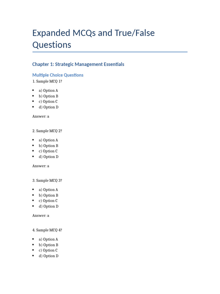 Strategic Management MCQs & True/False | PDF | Multiple Choice | Social ...