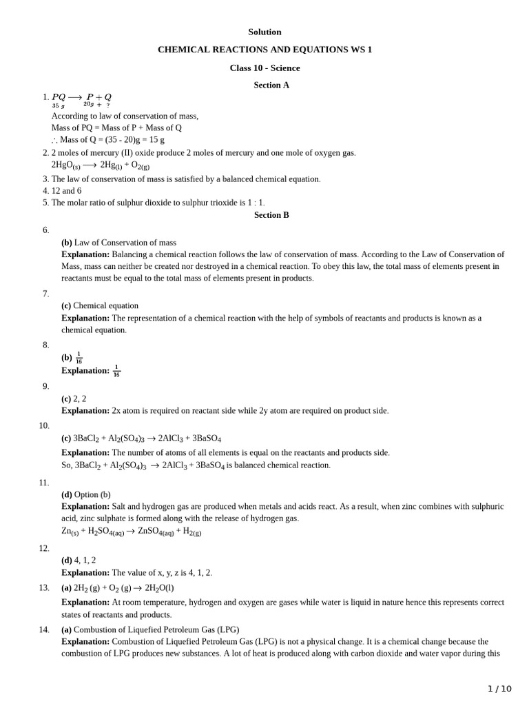 Chemical Reactions and Equations solution WS 1 (Chemical Equations ...