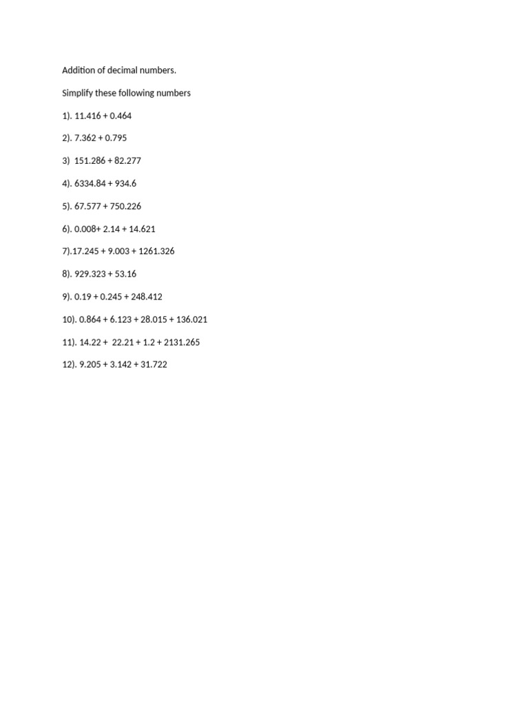Addition of Divison of Decimal Numbers | PDF