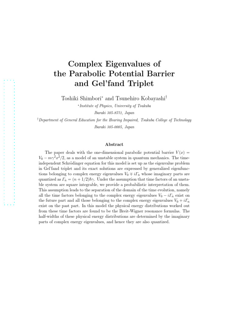 Complex Eigenvalues of The Parabolic Potential Barrier and Gel'fand Triplet | PDF | Hamiltonian ...