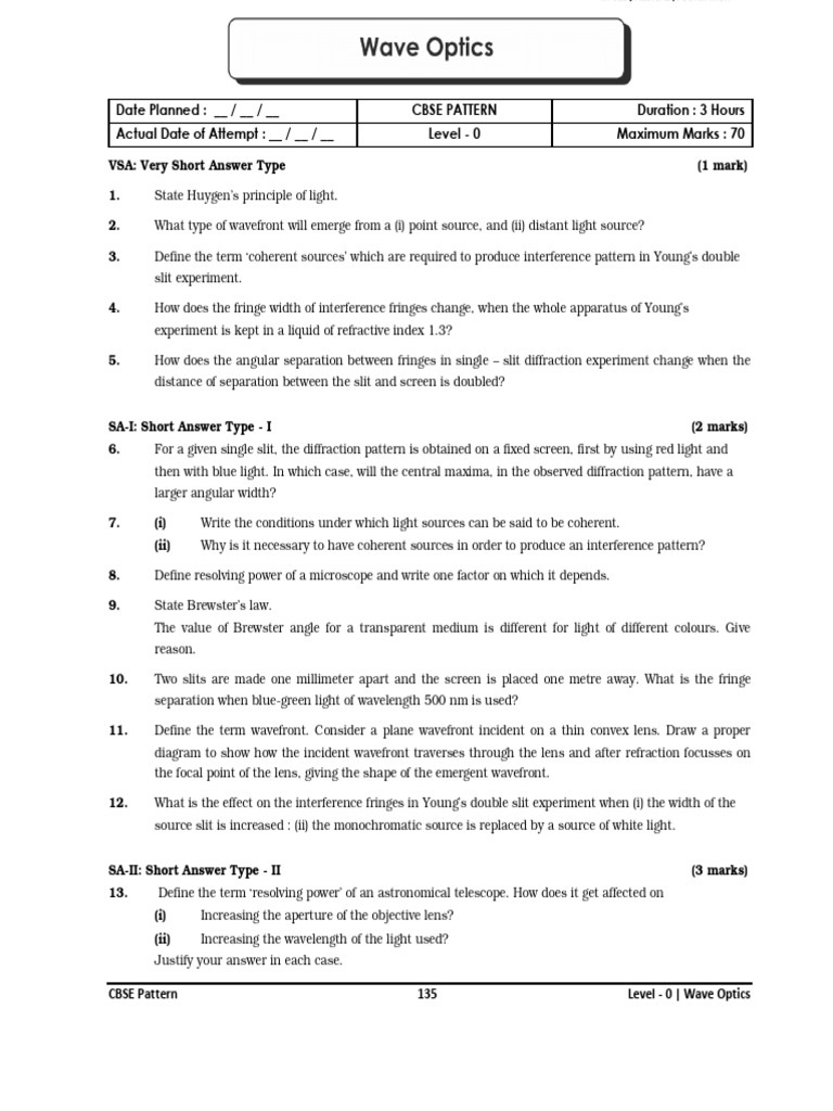 WAVE OPTICS All Levels | PDF | Diffraction | Wavelength