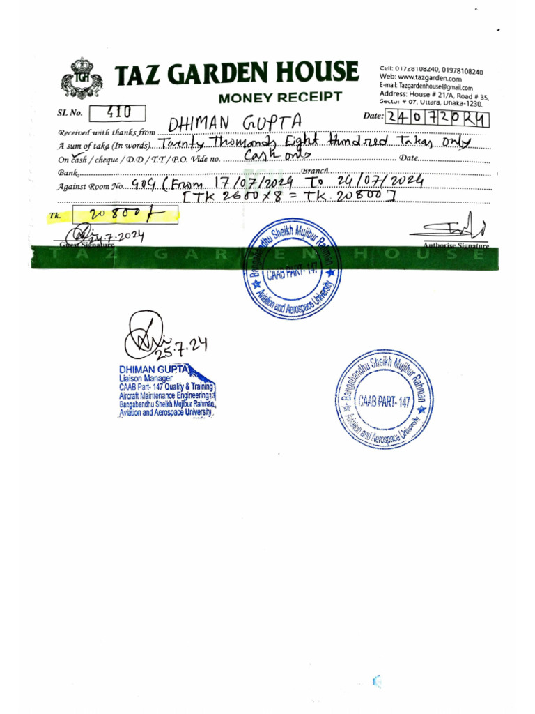 Bill of Taz Hotel | PDF