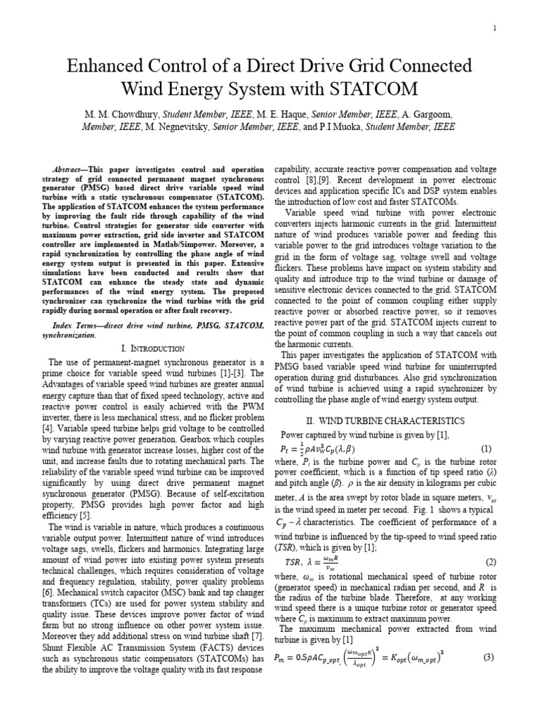 Enhanced Control Of A Direct Drive Grid Connected Wind Energy System With Statcom Pdf