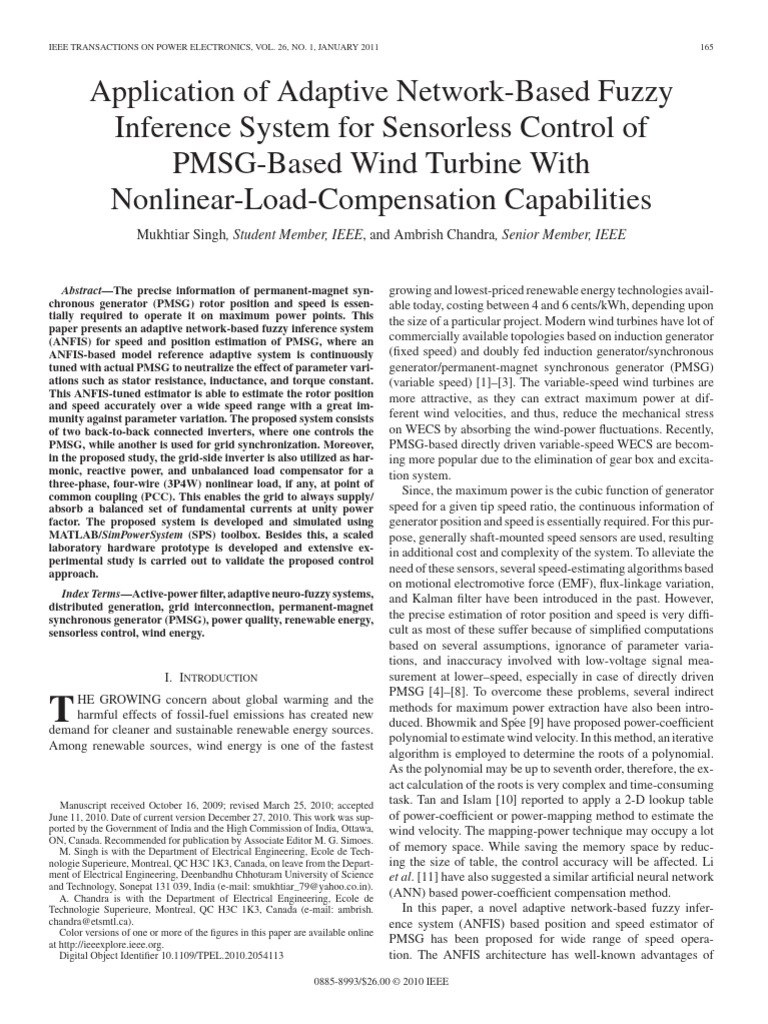 Application of Adaptive Network-Based Fuzzy Inference System For Sensorless Control of PMSG ...