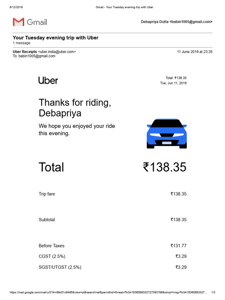 Uber Trip Receipt: ₹138.35 Charge | PDF