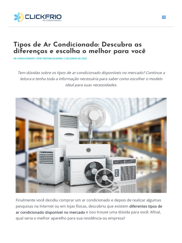 Tipos de Ar Condicionado - Modelos e Como Escolher - ClickFrio | PDF | Ar condicionado