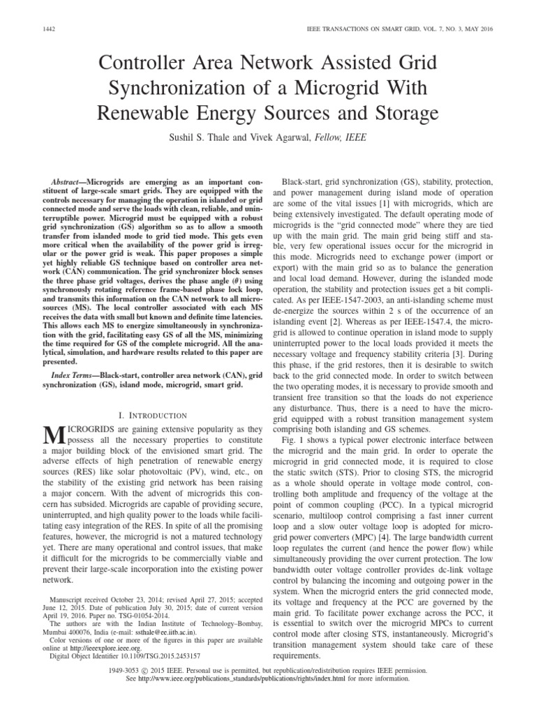 Controller Area Network Assisted Grid Synchronization of A Microgrid With Renewable Energy ...