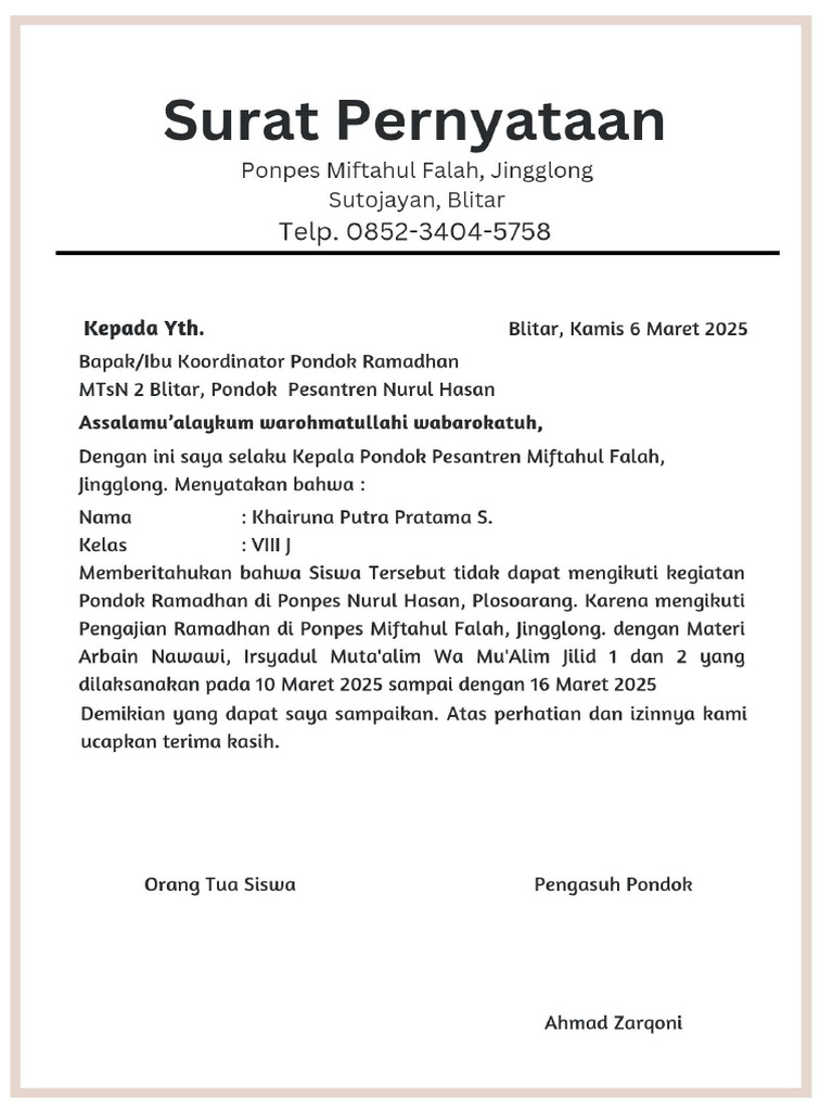 Surat Pernyataan Pondok Kilat | PDF