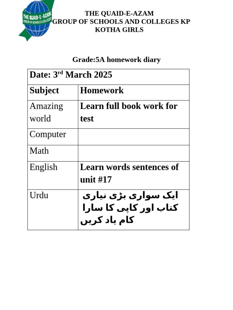 Grade 5A Homework Diary Template | PDF