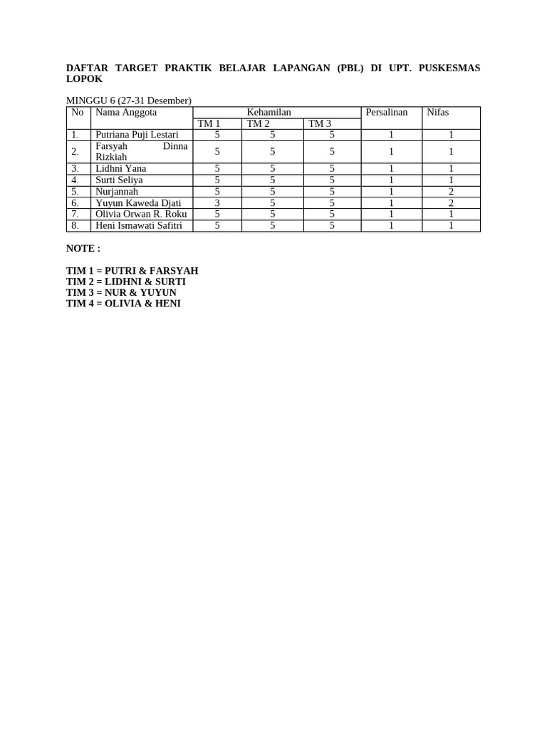 Daftar Target Praktik Belajar Lapangan Minggu 6 | PDF