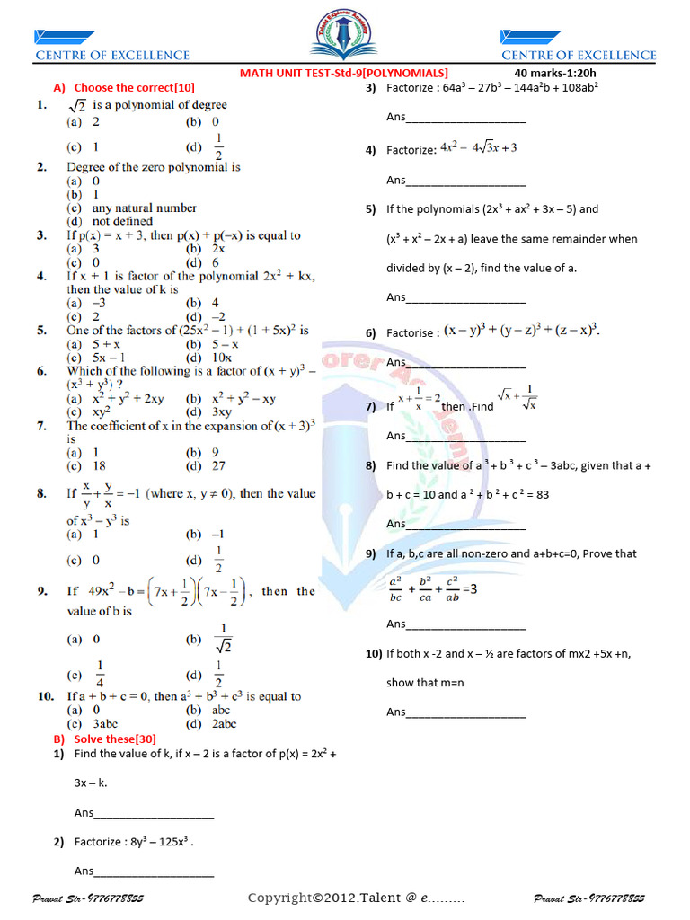 MATH UNIT TEST-Std-9 (POLYNOMIALS) | PDF | Factorization | Numerical ...