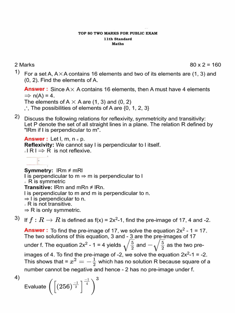 11th Maths Top 2 Marks Answer Key Revision | PDF