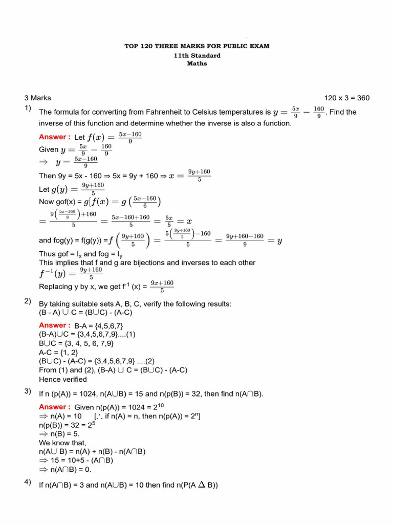 11th Maths Top 3 marks Answer key revision | PDF