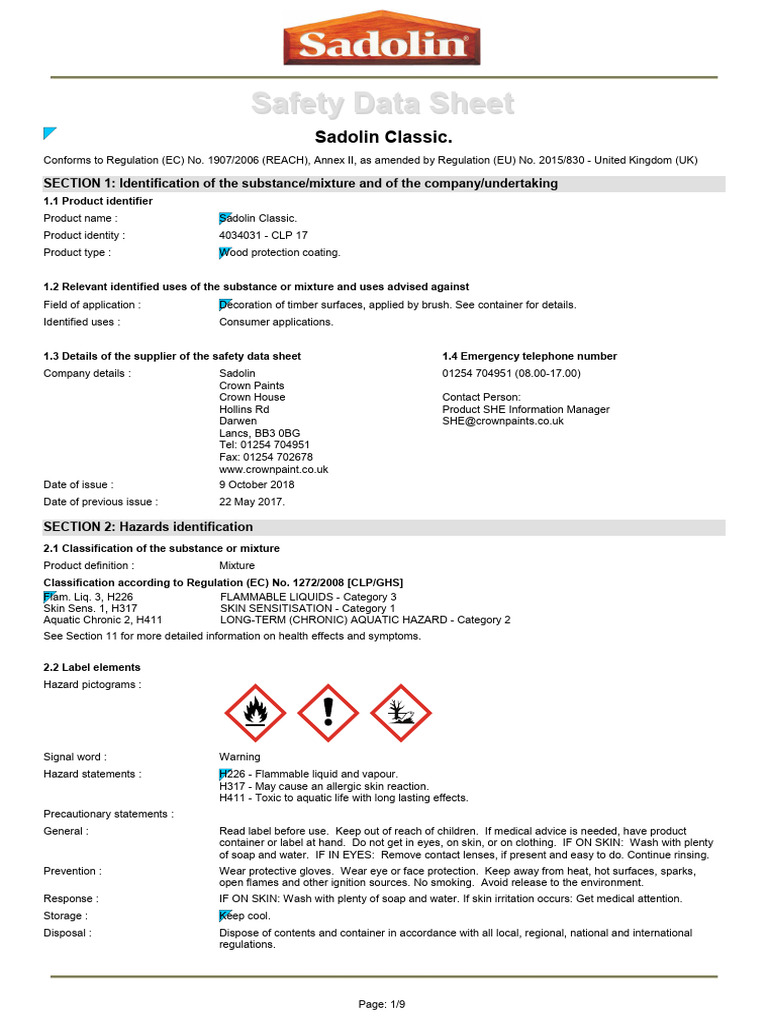 Sadolin-Classic-CLP-SDS-091018 MSDS | PDF | Occupational Safety And ...