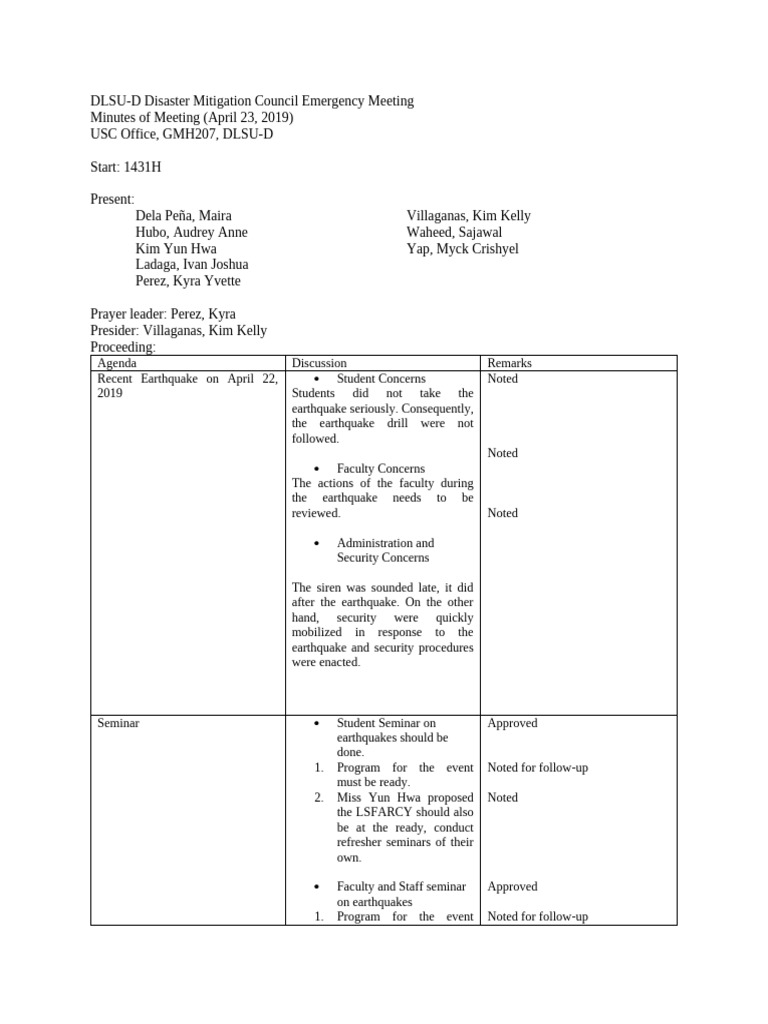 DLSU-D Disaster Meeting Minutes | PDF | National Security | Government