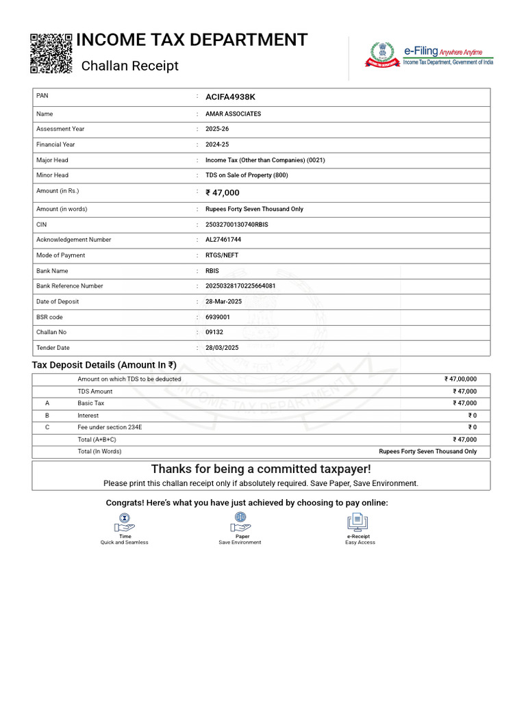 Income Tax Challan Receipt for TDS | PDF | Rupee | Taxes