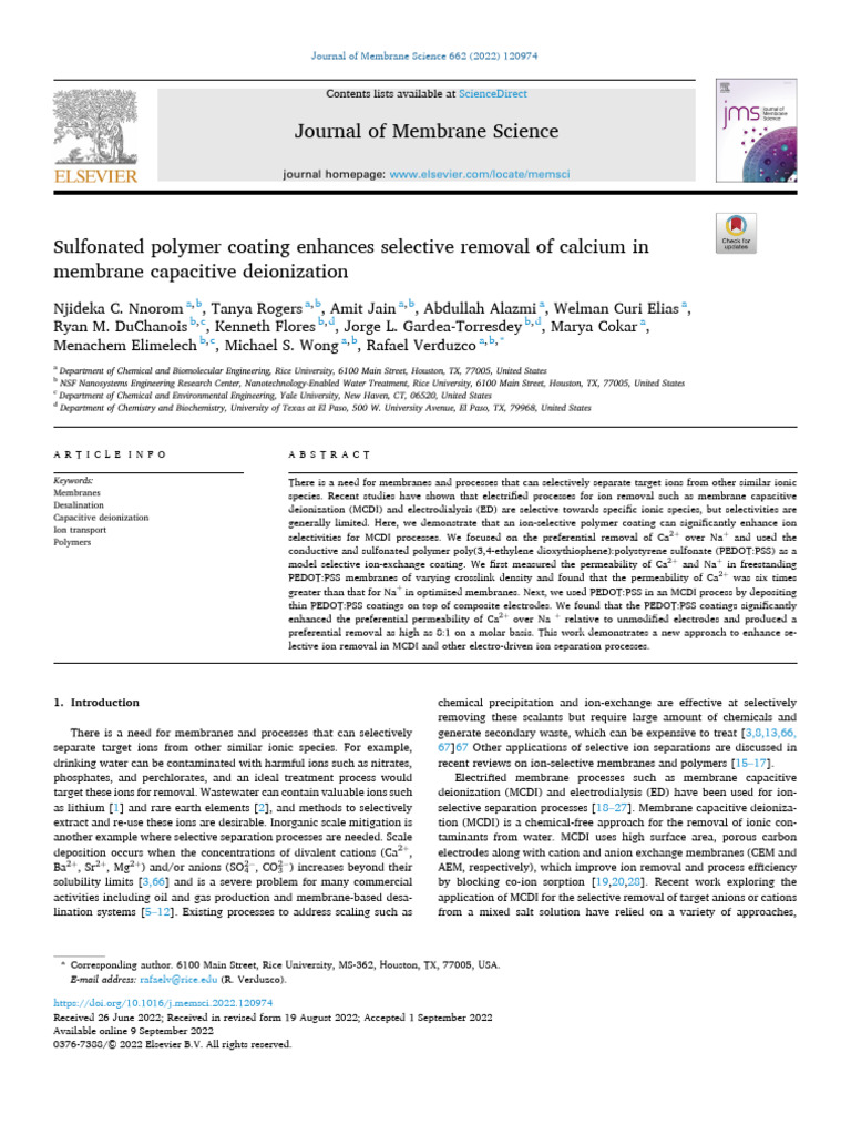 Sulfonated Polymer Coating Enhances Selective Removal of Calcium in ...
