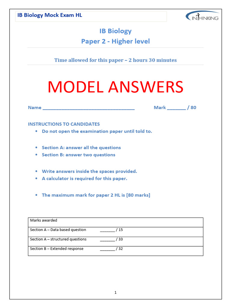 Inthinking Bio Mock Exam Paper2 HL 2024 Modelanswers v1 | PDF | Biology