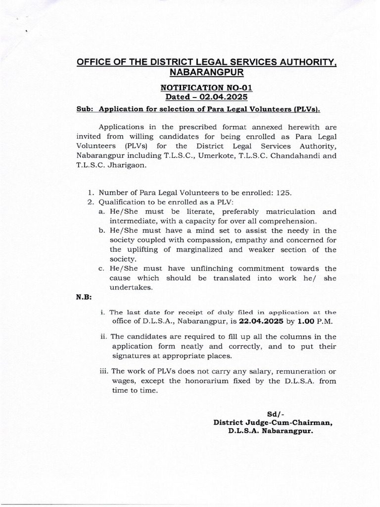 Detailed Notification DLSA Nabarangpur para Legal Volunteer Recruitment ...