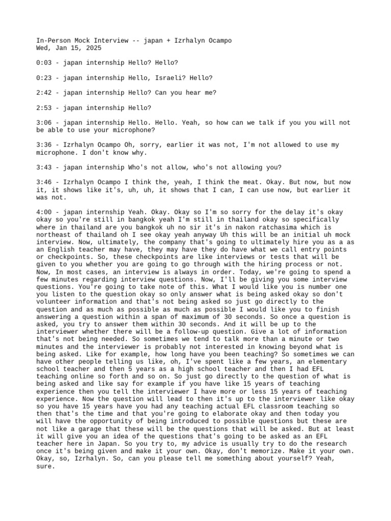 Japan EFL Mock Interview Tips | PDF | English As A Second Or Foreign ...