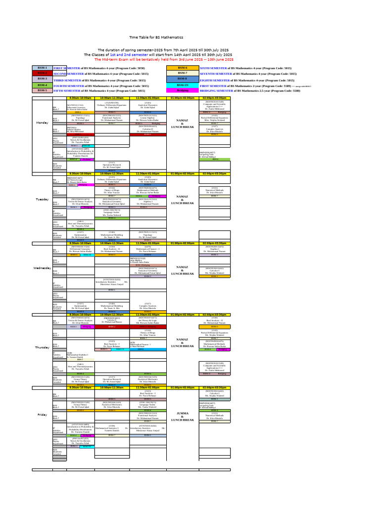 Timetable Spring-25 BS-MATHS | PDF | Mathematics | Mathematical Analysis