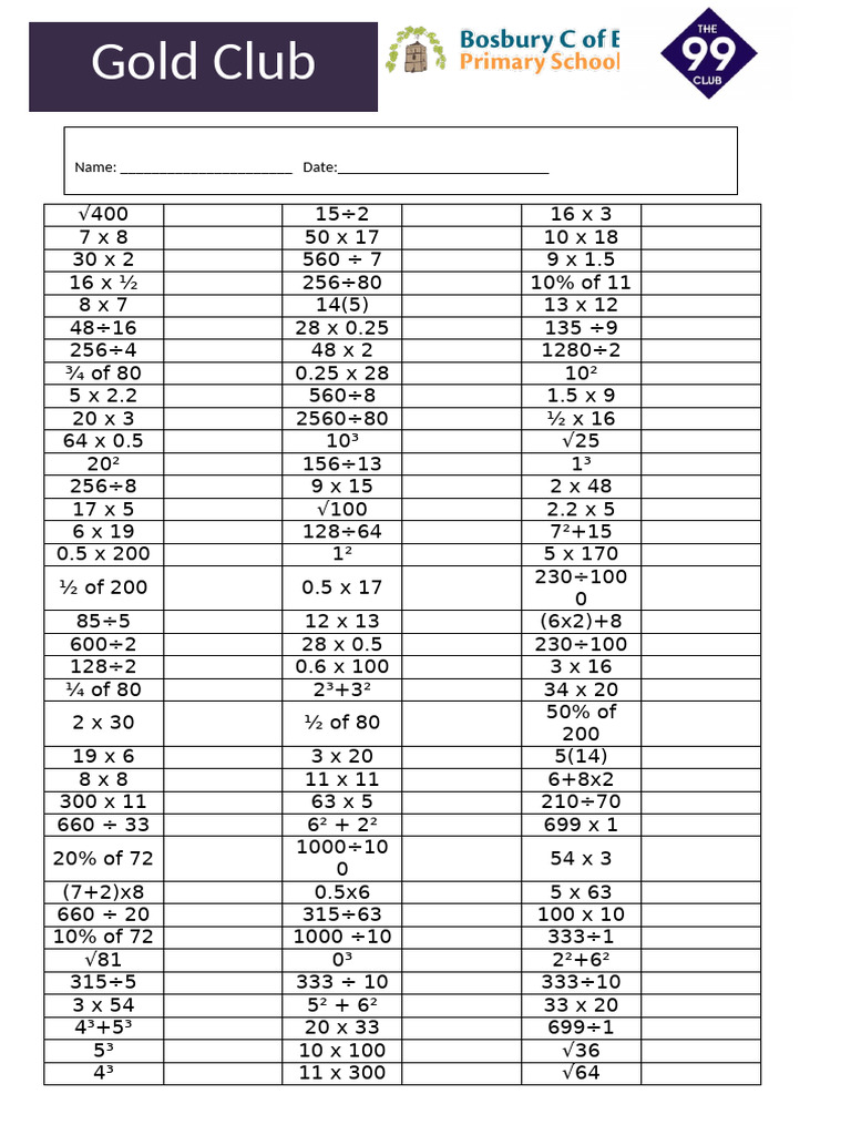 Mental Arithmetic Practice Sheet | PDF