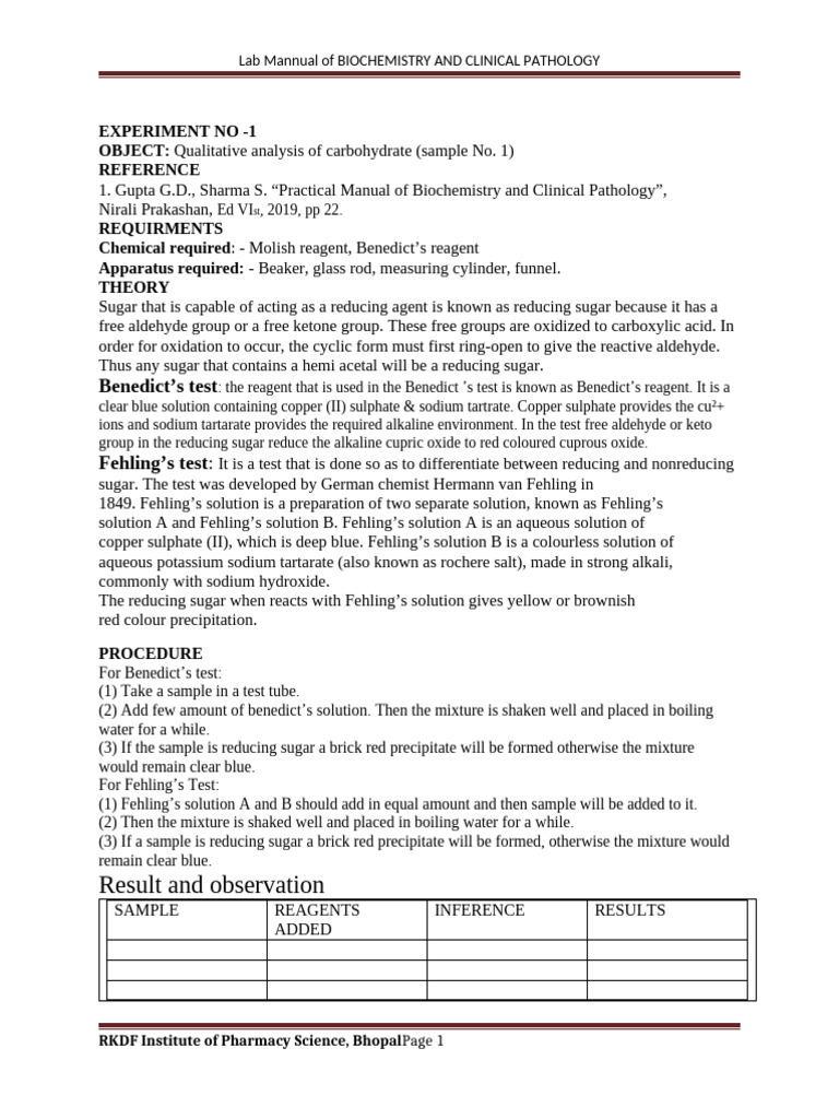 Biochemistry Lab Manual: Sugar Analysis | PDF | Amine | Aldehyde