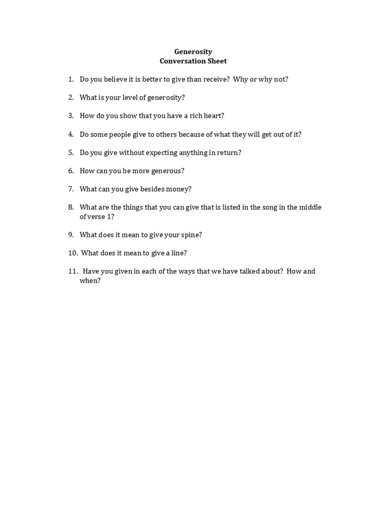 Conversation Sheet - Generosity | PDF
