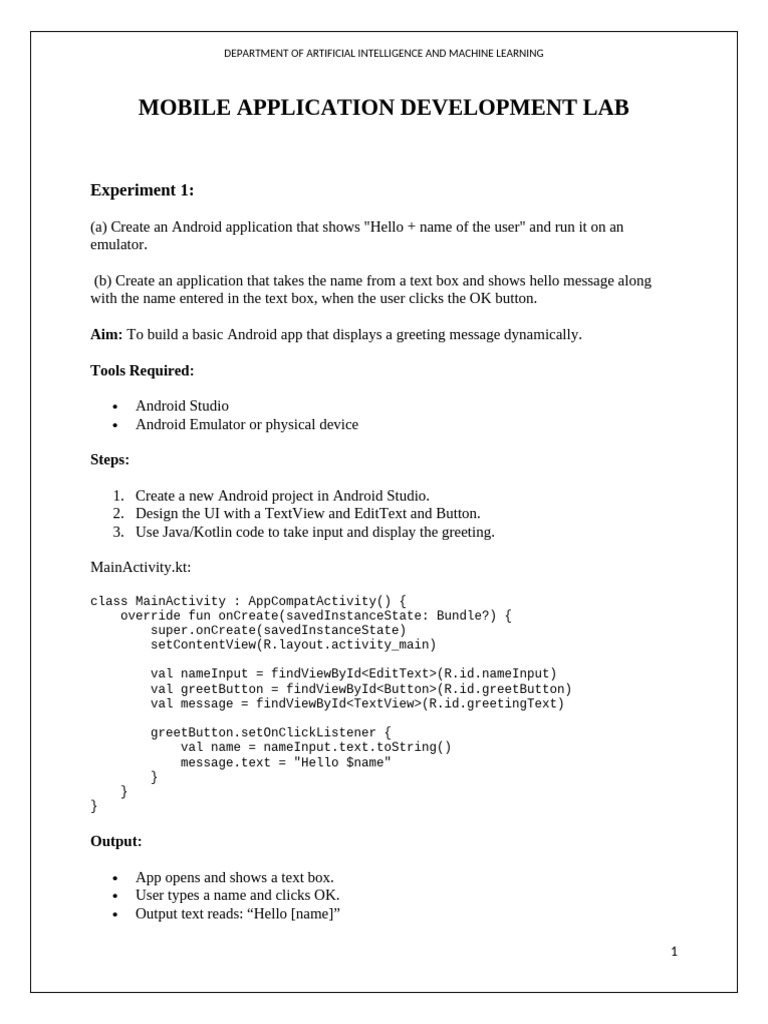 Mobile Application Development Lab Manual | PDF | Android (Operating System) | Mobile App