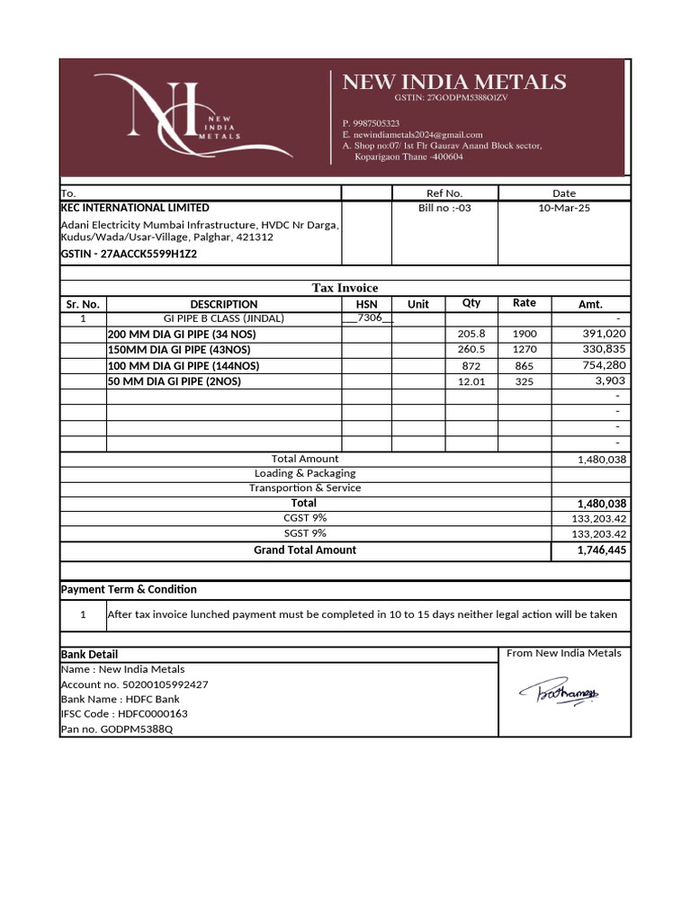 KEC INTERNATIONAL LTD Tax Invoice 03 GI PIPE JINDAL Final | PDF ...