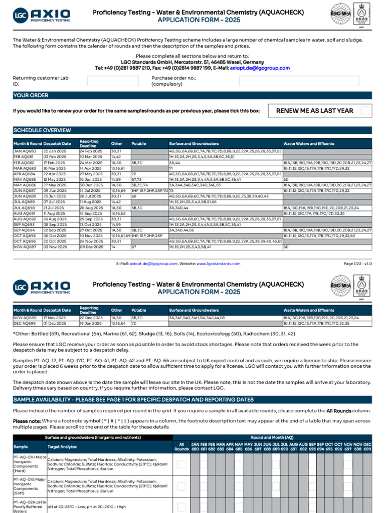 LGC AXIO AQUACHECK ApplicationForm-2025 Op V1 | PDF | Nitrogen | Metals