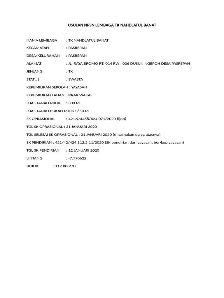 Contoh Data Usulan NPSN | PDF